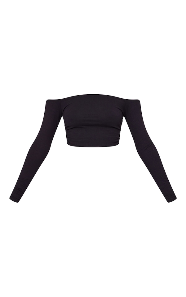 Black Jersey Ruched Detail Side Bardot Crop Top | Tops | PLT