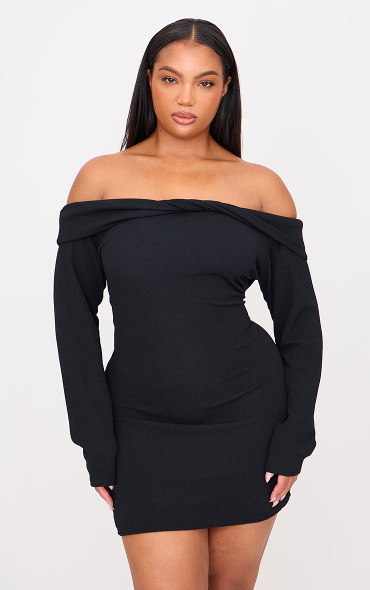 Plus Black Twist Front Bardot Ribbed Mini Dress | Plus Size | PLT USA