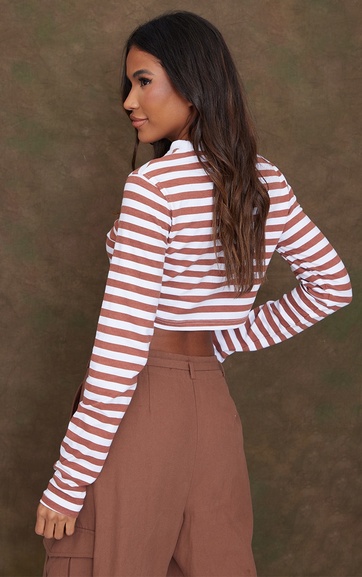 Rust Stripe Long Sleeve Crop Top | Tops | PrettyLittleThing USA