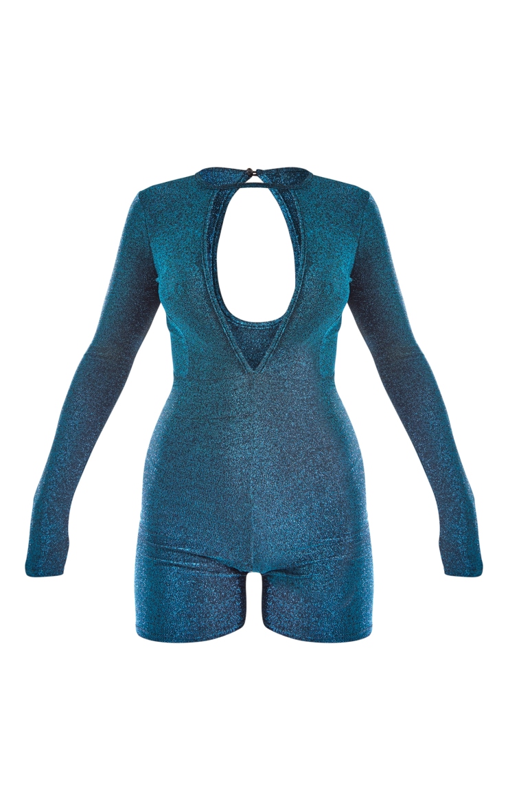 Blue Glitter Plunge Cut Out Long Sleeve Unitard | PrettyLittleThing