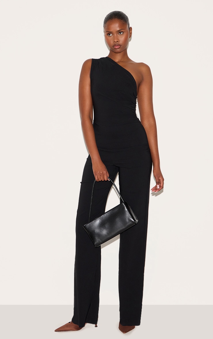 Black Stretch Woven One Shoulder Flare Jumpsuit | Dresses | PLT