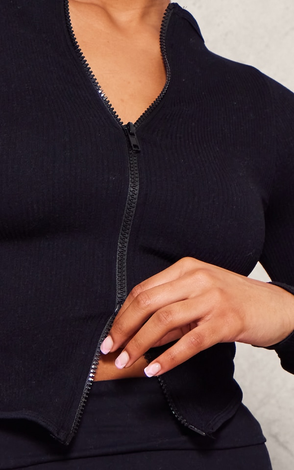 Black Contour Rib Double Zip Top | Tops | PrettyLittleThing