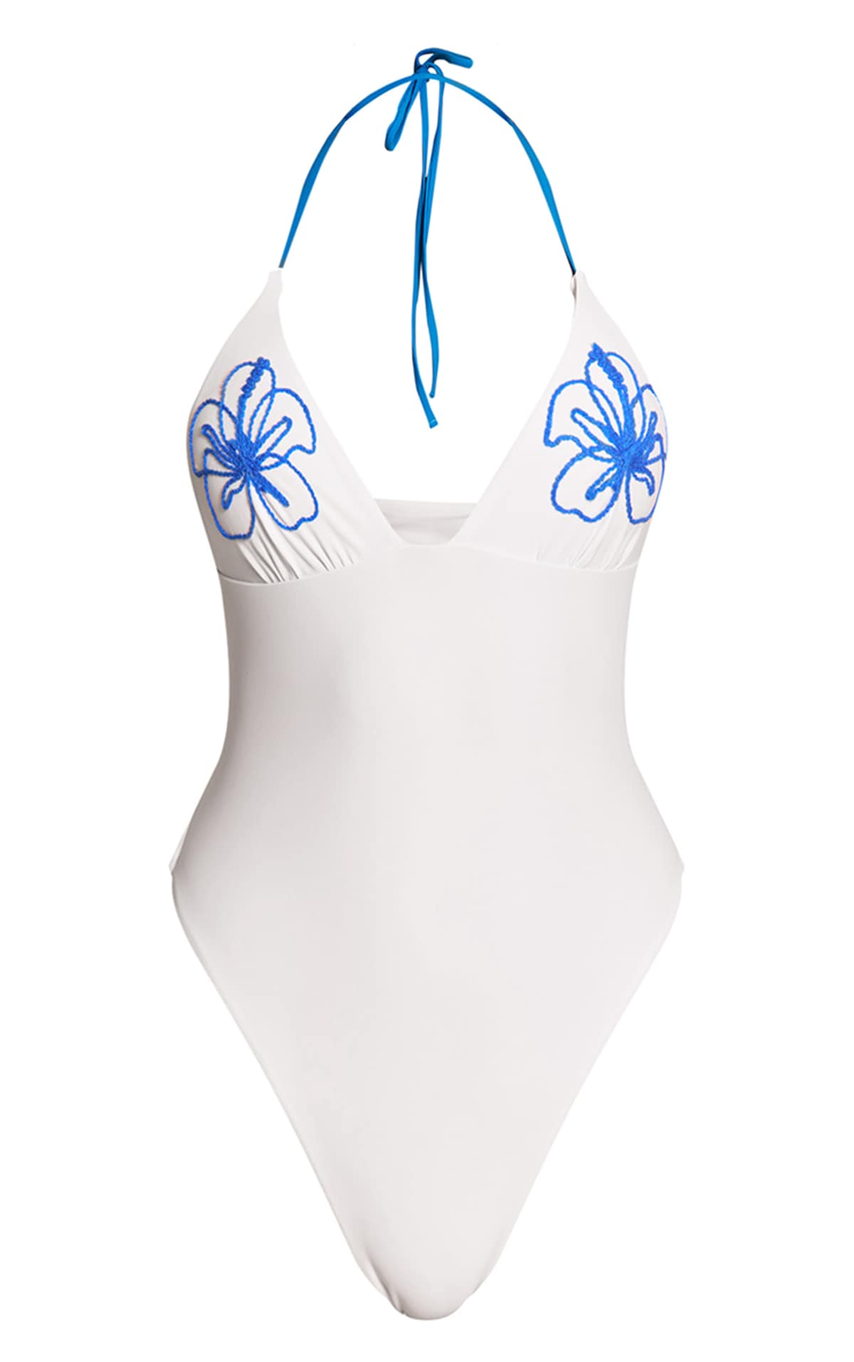 White Contrast Embroidered Plunge Swimsuit | Swimwear | PLT USA