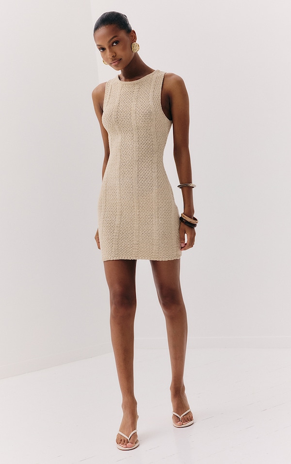 Oatmeal Textured Filigree Boat Neck Mini Dress | Knitwear | PLT