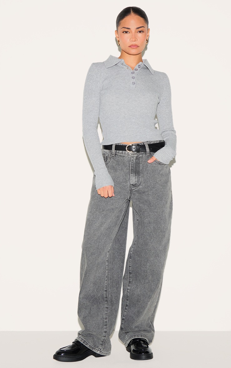 Petite Grey Knit Collared Longline Top | Petite | PLT