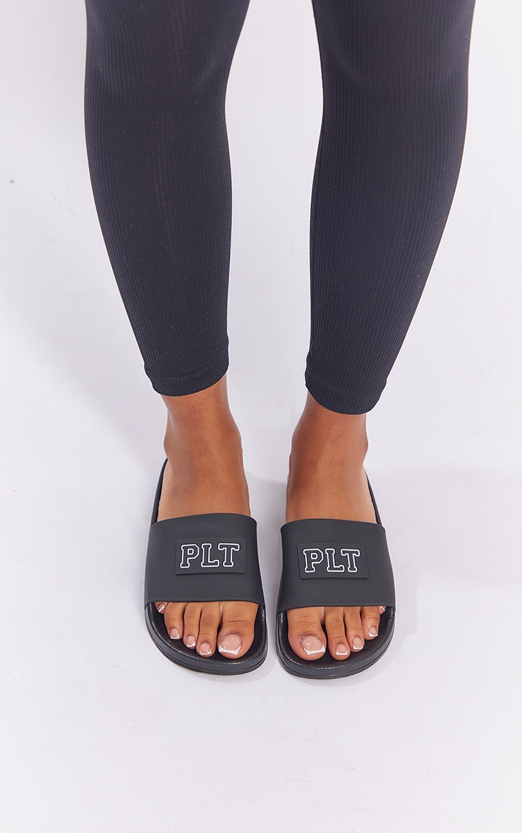 Black Pu Round Toe Plt Square Badge Slides | Footwear ...