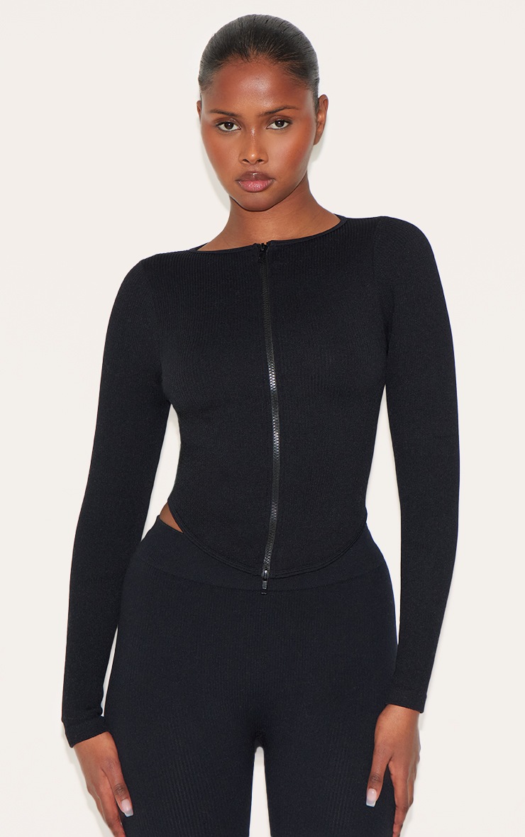 Black Snatched Rib Double Zip Top | Tops | PrettyLittleThing USA