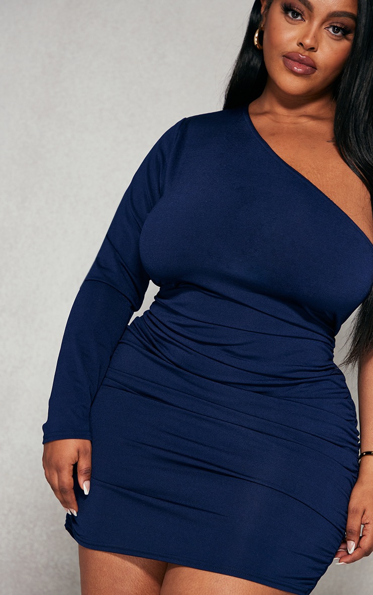 Plus Navy Long Sleeve One Shoulder Bodycon Dress | PrettyLittleThing USA