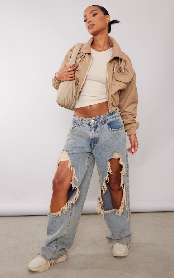 Beige Rib Collar Utility Cropped Bomber Jacket | Outerwear ...