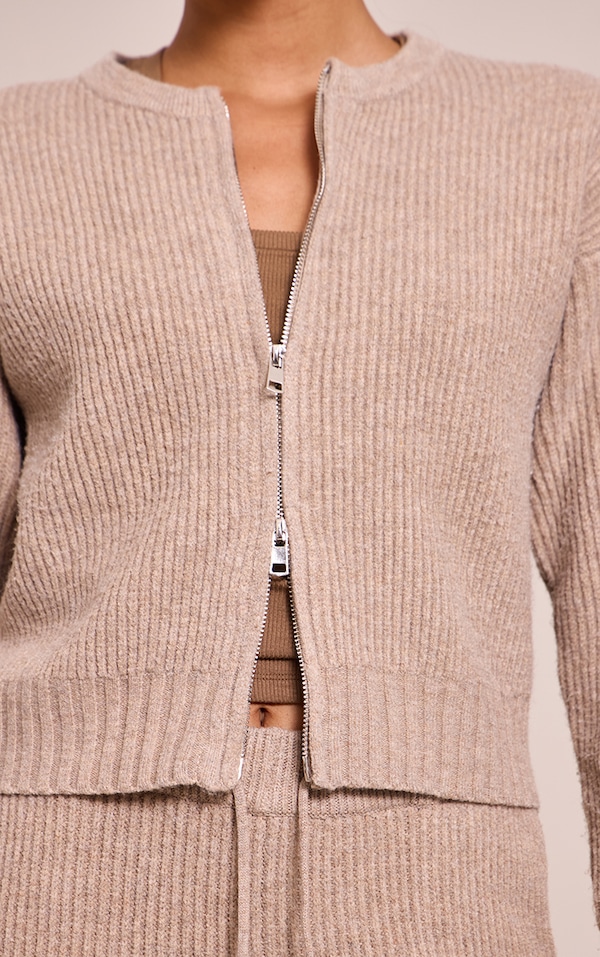 Taupe Brushed Rib Knit Zip Through Cardigan | Knitwear | PLT