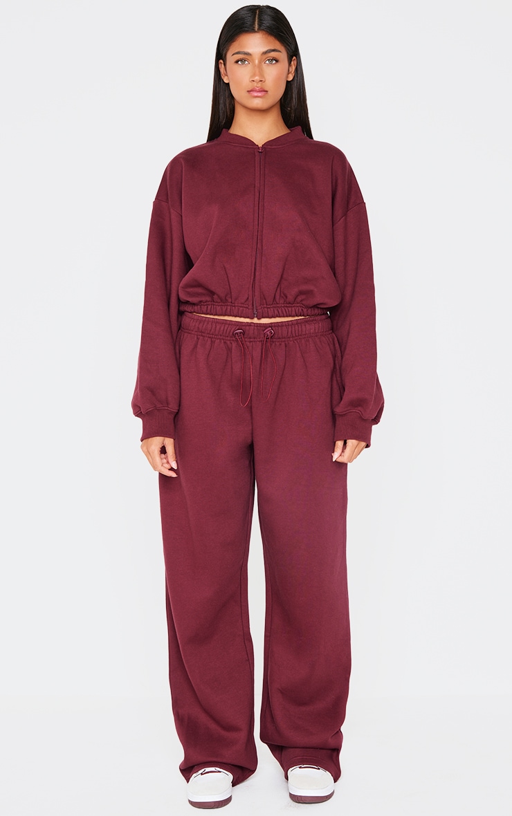 Burgundy Drawcord Waist Cropped Zip Up Sweatshirt | Athleisure | PLT USA