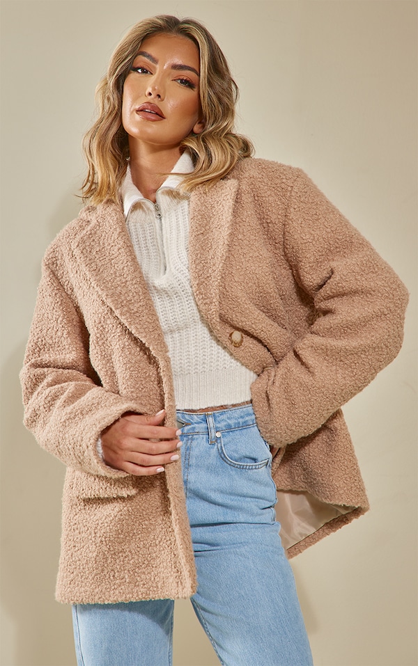 Beige Boucle Longline Oversized Curved Hem Blazer | Outerwear | PLT