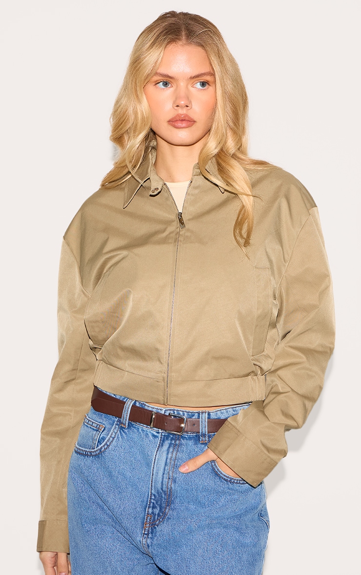 Olive Canvas Collar Detail Zip Up Jacket | Outerwear | PrettyLittleThing CA