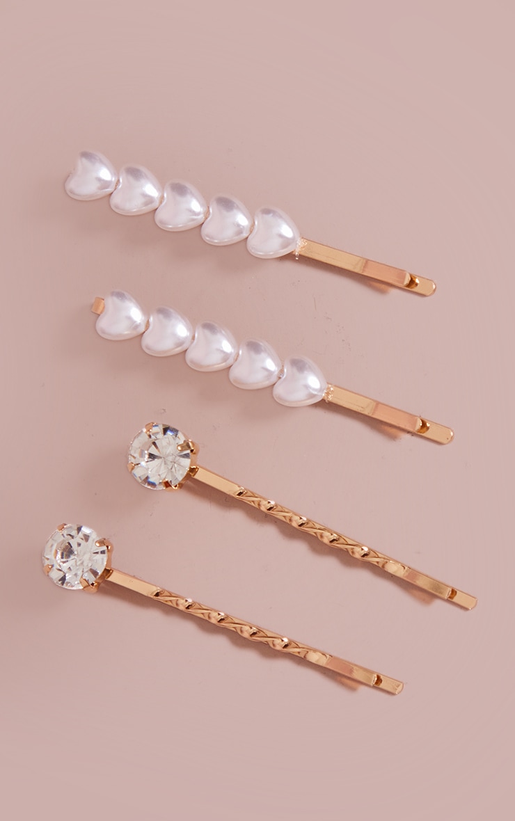 Barette dorée strassée en forme de coeur à perles | PrettyLittleThing FR