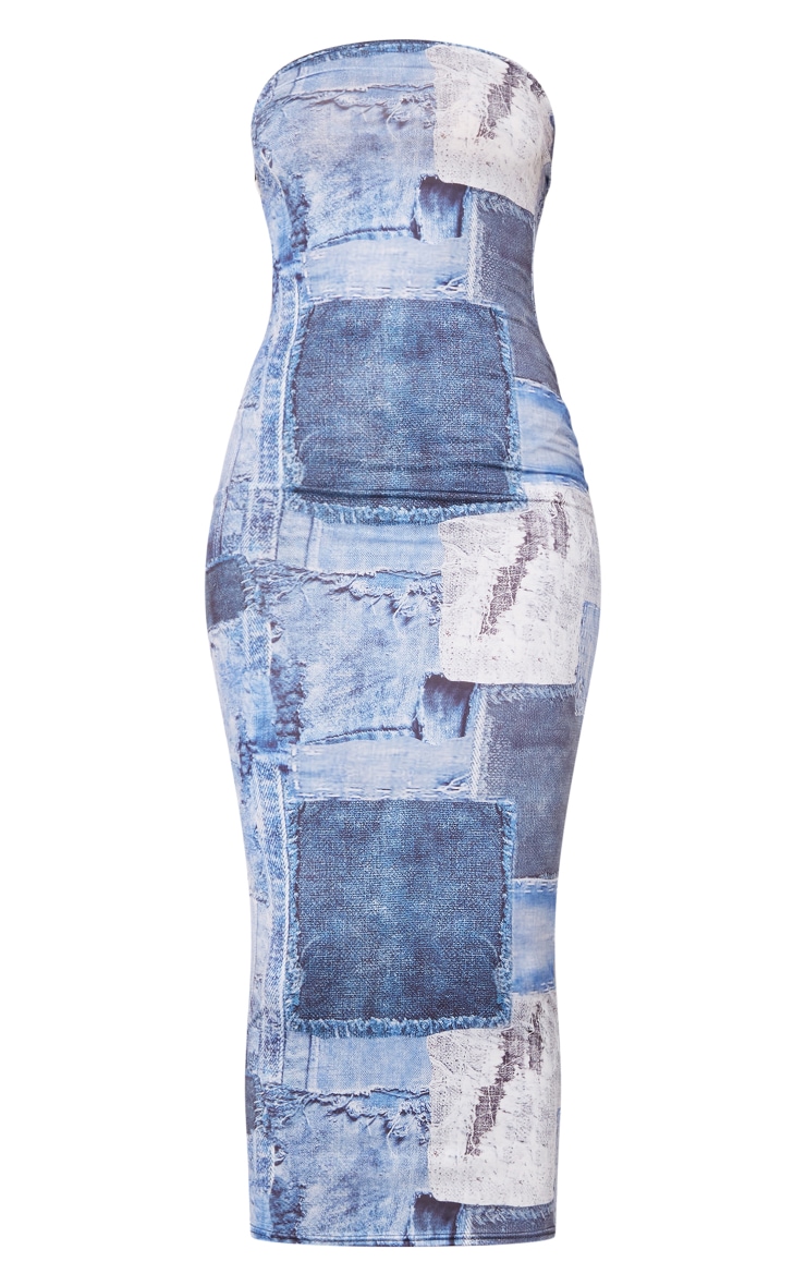 Tall Blue Denim Print Bandeau Midaxi Dress | PrettyLittleThing AUS