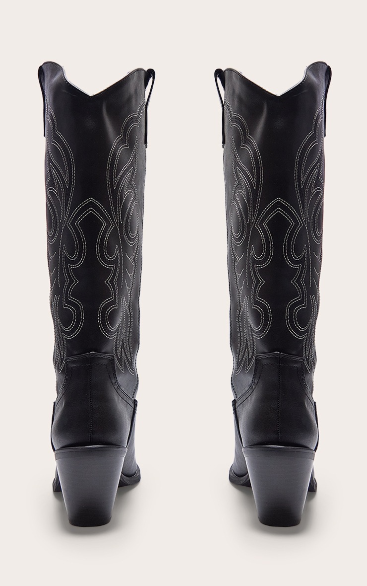 Black PU Point Toe Calf High Western Boots | Footwear | PLT