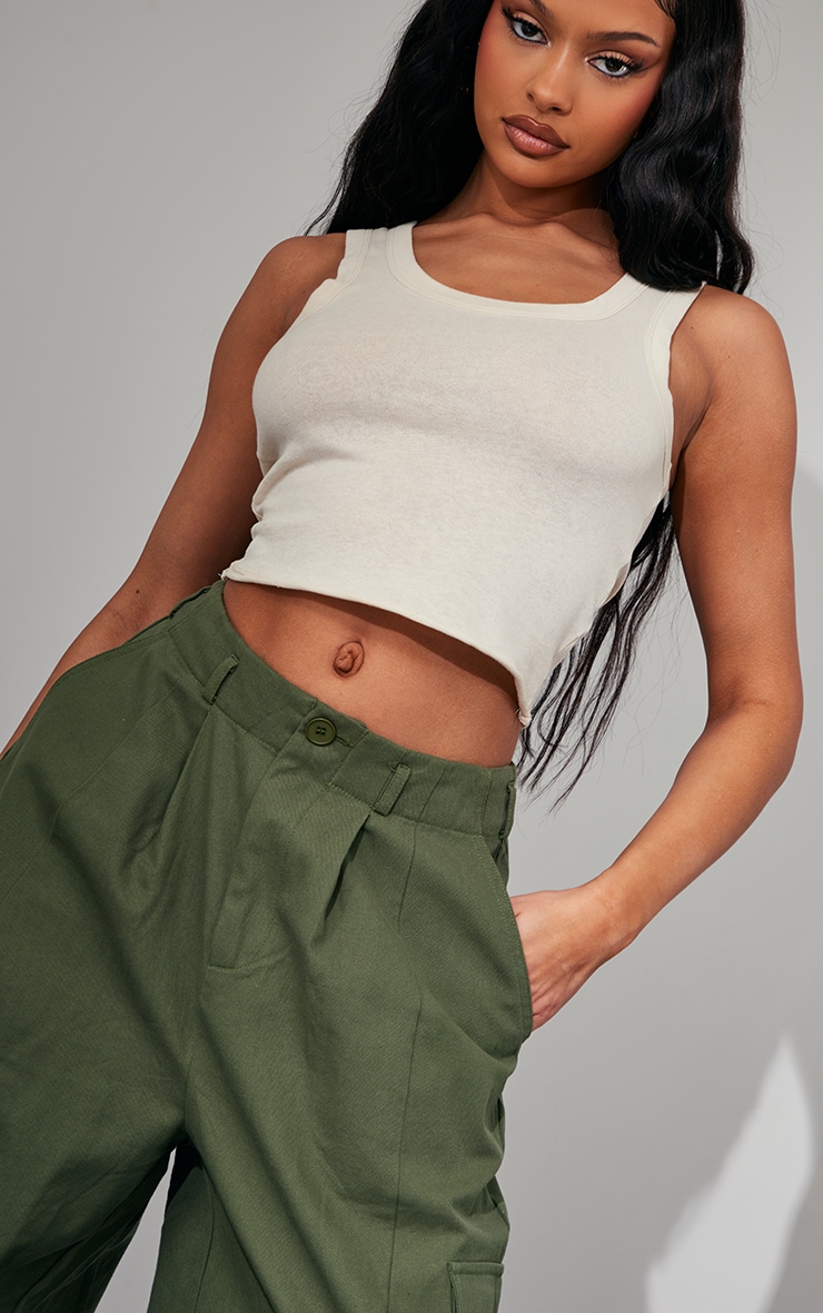 Oatmeal Brushed Cotton Racer Crop Top | Tops | PrettyLittleThing AUS