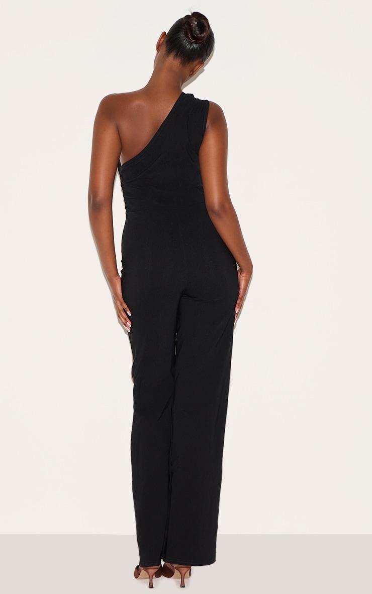 Black Stretch Woven One Shoulder Flare Jumpsuit | Dresses | PLT