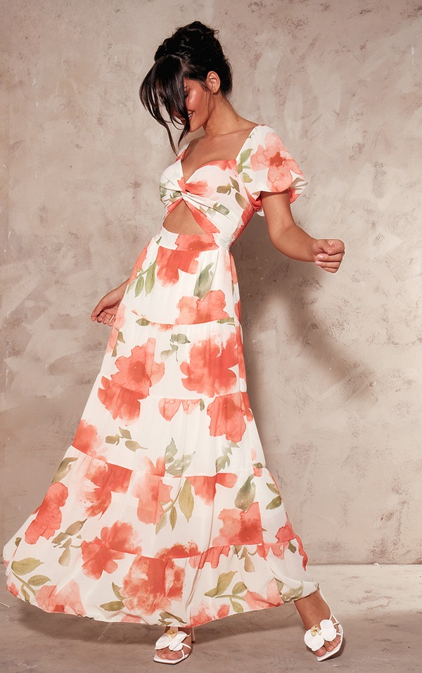 Red Floral Chiffon Bardot Maxi Dress | Dresses | PLT