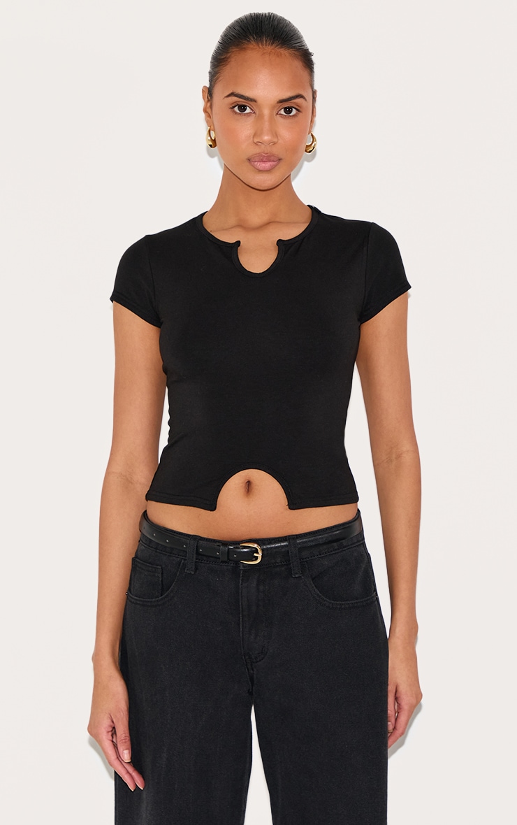 Black Modal Cotton Notch Neck Split Hem T Shirt | Tops ...