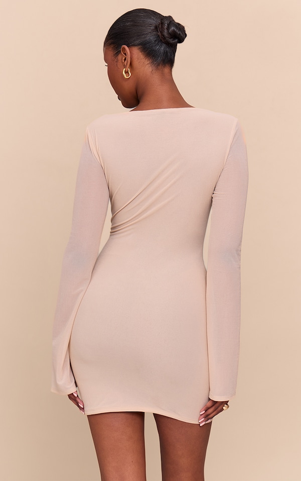 Camel Chiffon Boat Neck Long Sleeve Shift Dress | Dresses | PLT