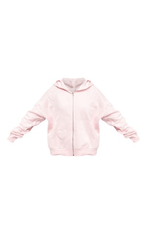 Baby Pink Embossed Heart Zip Up Hoodie | Sweat | PrettyLittleThing