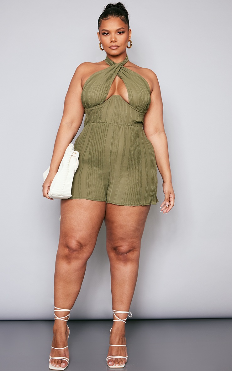 Plus Olive Plisse Cross Front Romper | Plus Size | PrettyLittleThing USA