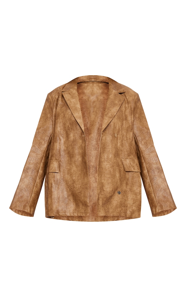 Plus Brown Distressed Pu Shoulder Pad Blazer | PrettyLittleThing USA