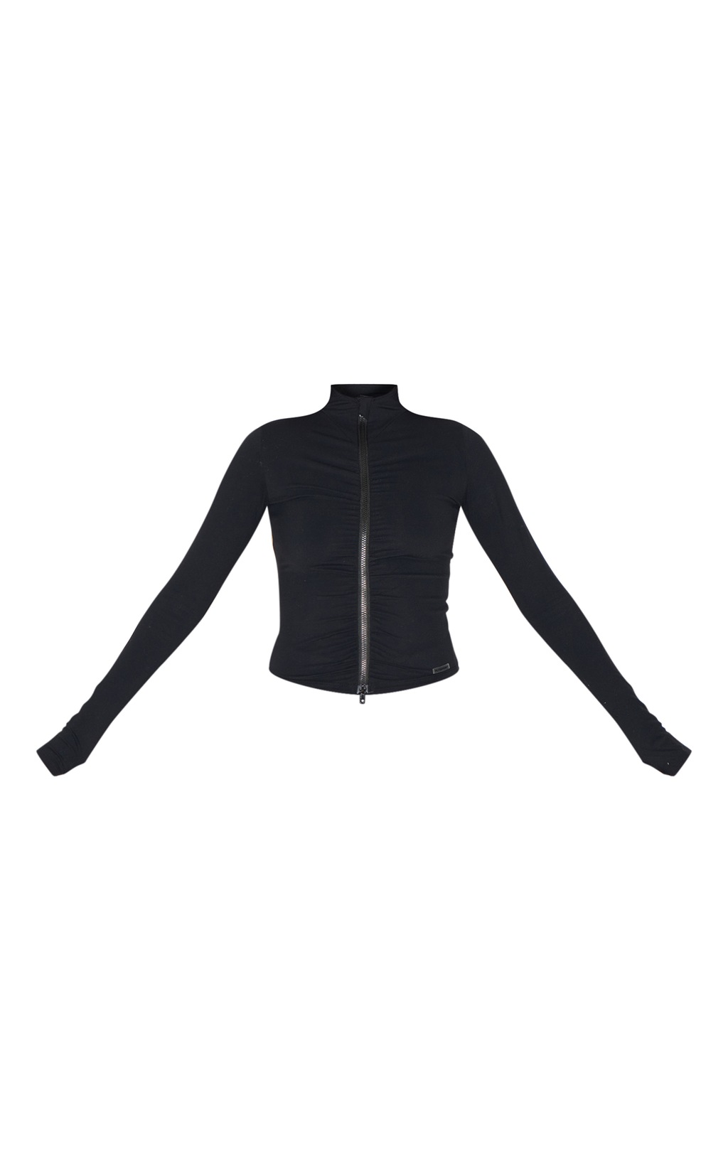 Black Sculpt Ruched Front Zip Up Sport Jacket | Athleisure | PLT