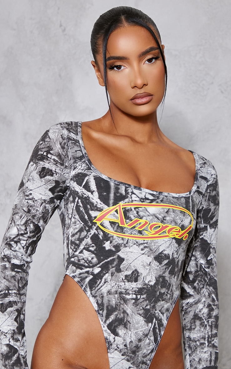 Grey Camo Long Sleeve High Leg Bodysuit | Athleisure | PLT