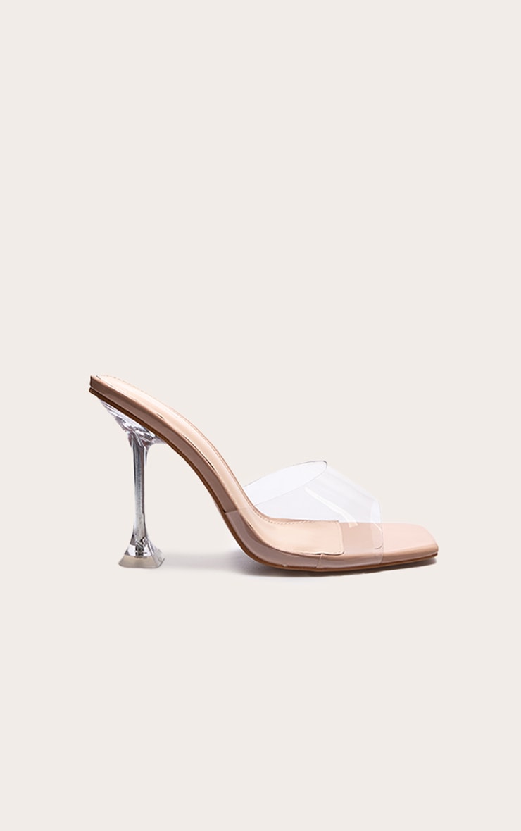 Nude Pu Square Toe Clear Perspex Heeled Mules | Footwear | PLT