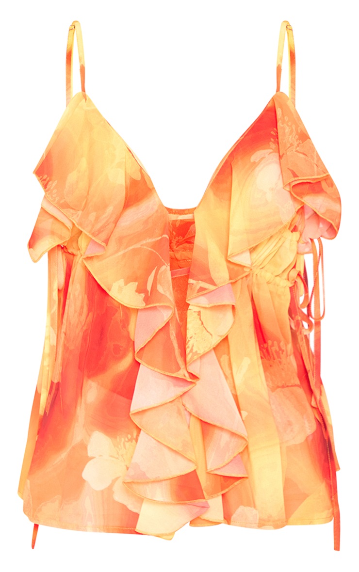 Orange Floral Chiffon Frill Longline Cami Top | Tops | PLT