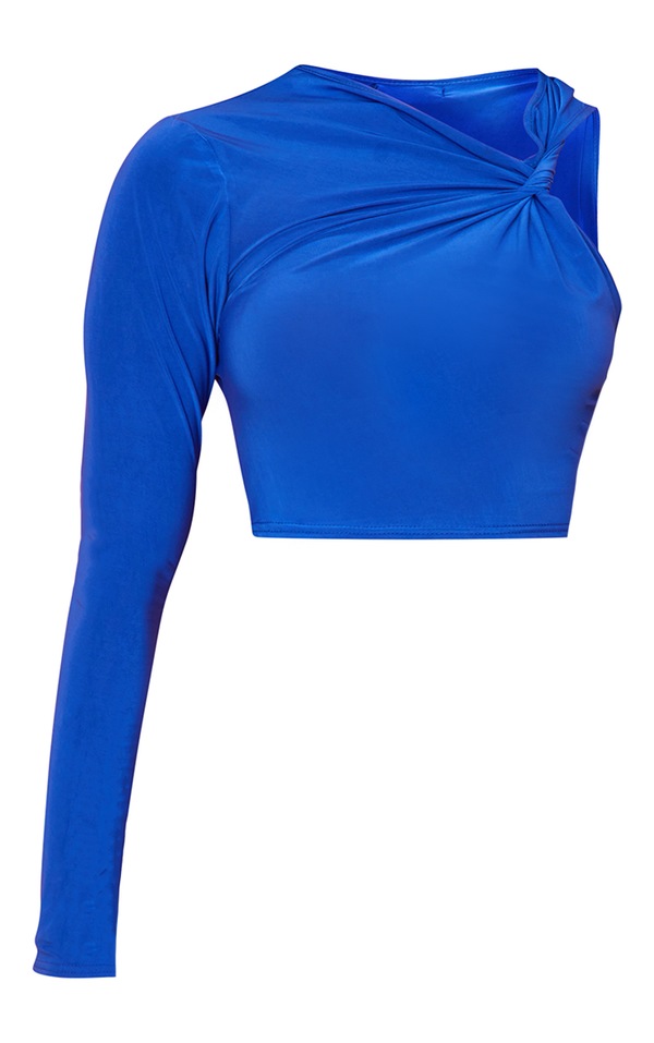 Bright Blue Slinky Twist One Sleeve Crop Top | Tops | PrettyLittleThing USA