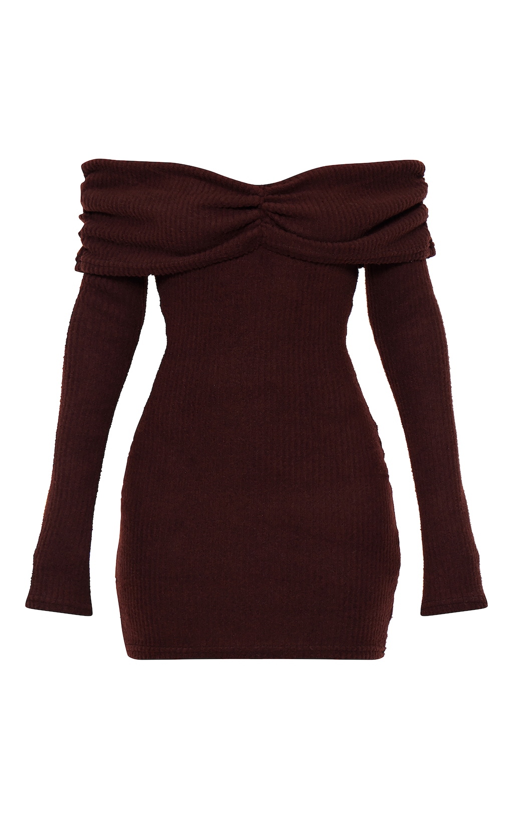 Chocolate Rib Bardot Long Sleeve Bodycon Dress | Dresses | PLT
