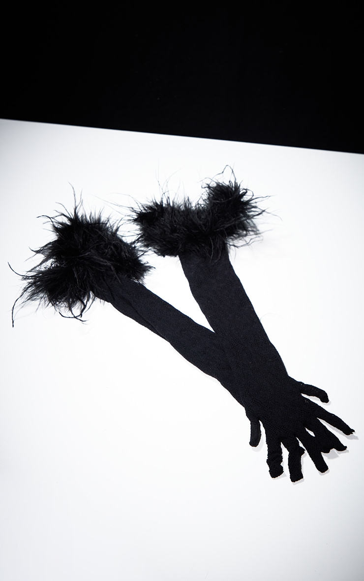 Black Leopard Fishnet Feather Gloves | PrettyLittleThing USA