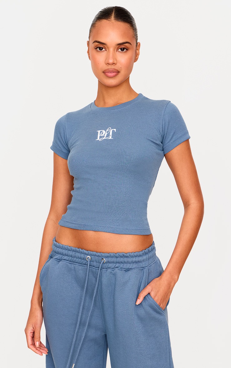 PLT Dusty Blue Rib Embroidered T Shirt | Athleisure | PrettyLittleThing USA