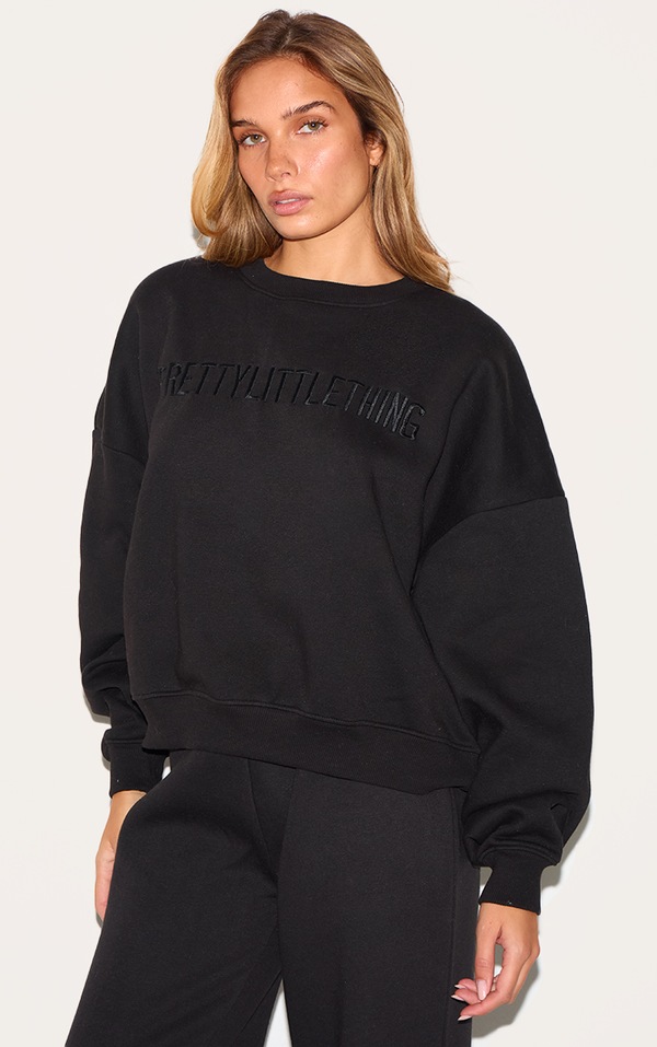 PLT Black Boxy Embroidered Sweatshirt | Sweat | PrettyLittleThing AUS
