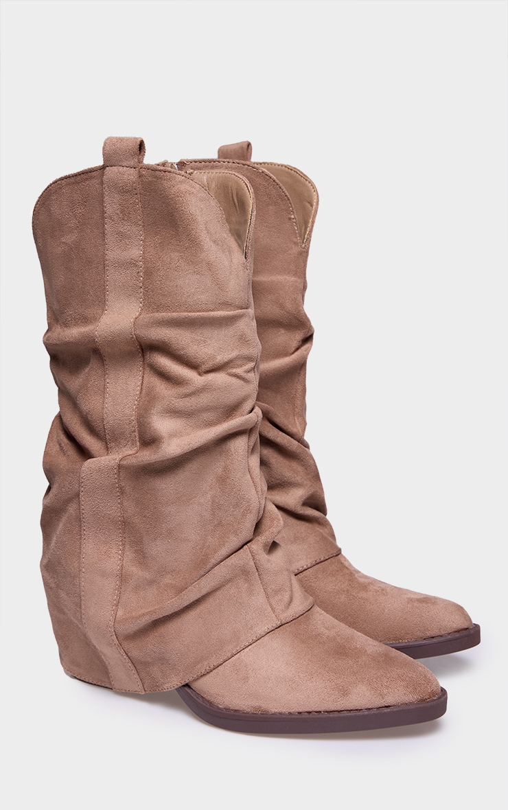 Brown Slouchy Fold Over Calf High Western Boots | Footwear | PLT
