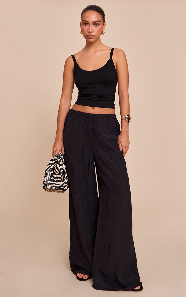 Black Crinkle Satin Drawstring Low Rise Pants | Bottoms ...