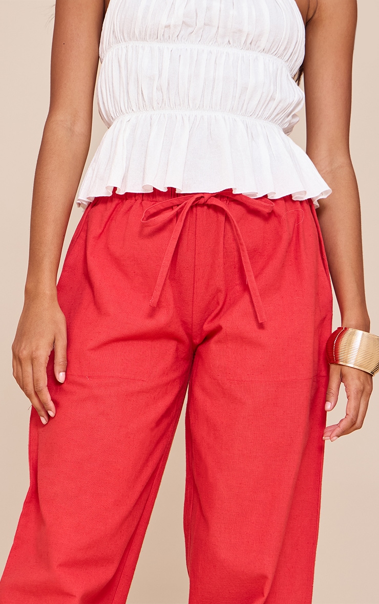 Tomato Red Linen Drawstring Waist Pants | Bottoms | PrettyLittleThing USA