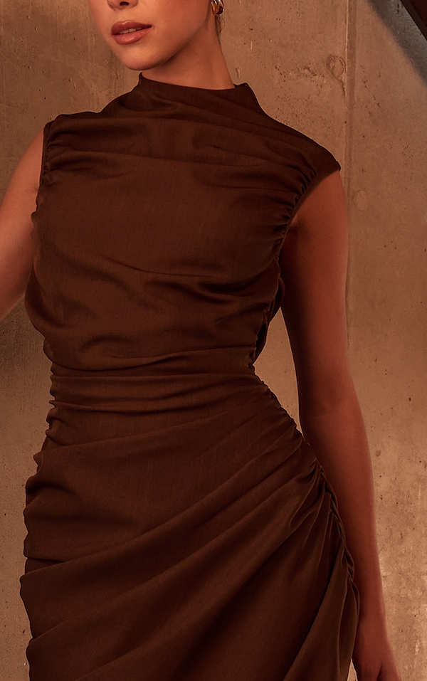 PLT Label Chocolate Brown Asymmetric Midaxi Dress | Dresses | PLT CA