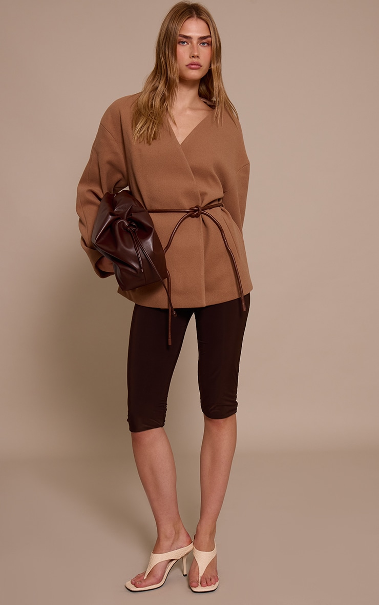 Camel Collarless Wrap Tie Waist Wool Look Coat | Outerwear | PLT CA