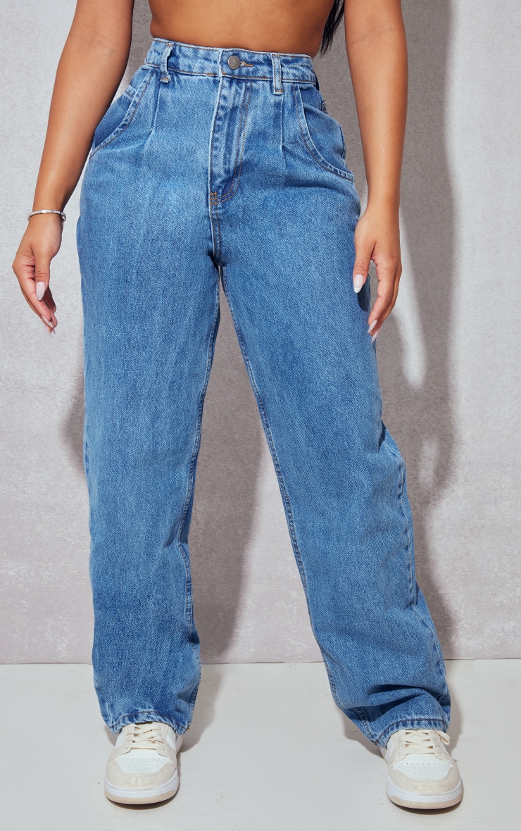 Petite Light Blue Wash Mid Seam Wide Leg Jeans | PrettyLittleThing