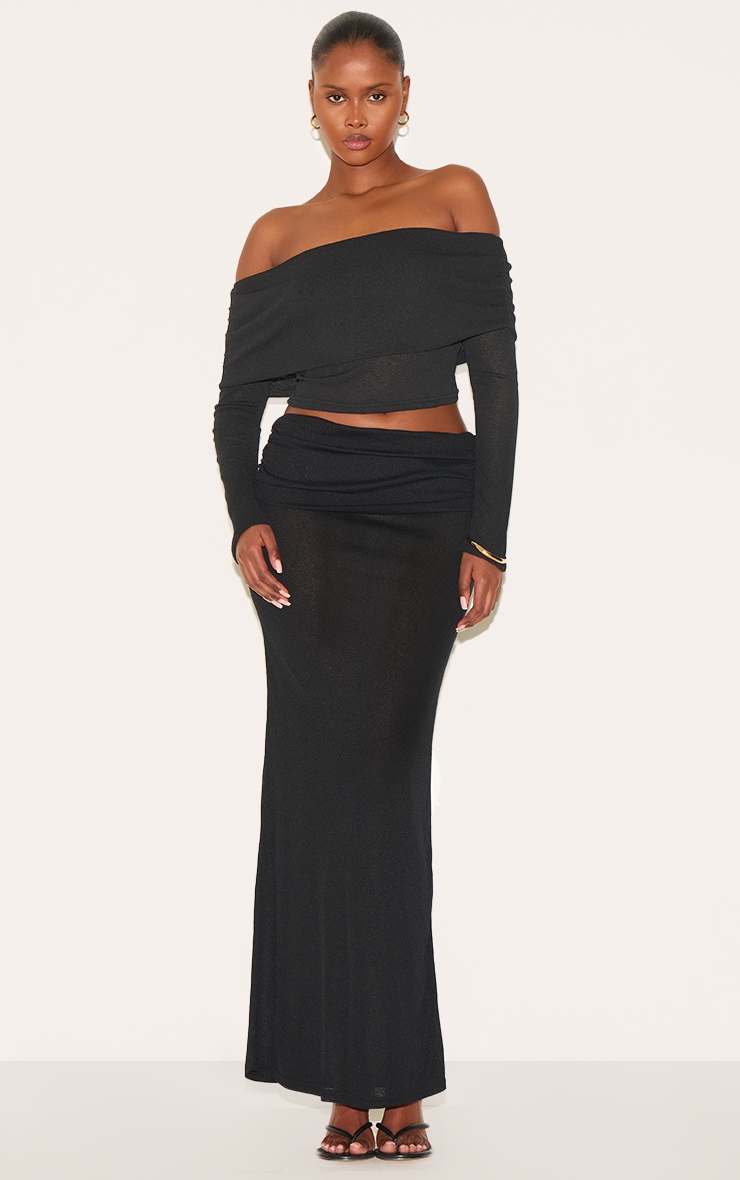 Black Burnout Fold Over Hem Long Sleeve Bardot Top | Co-ords | PrettyLittleThing