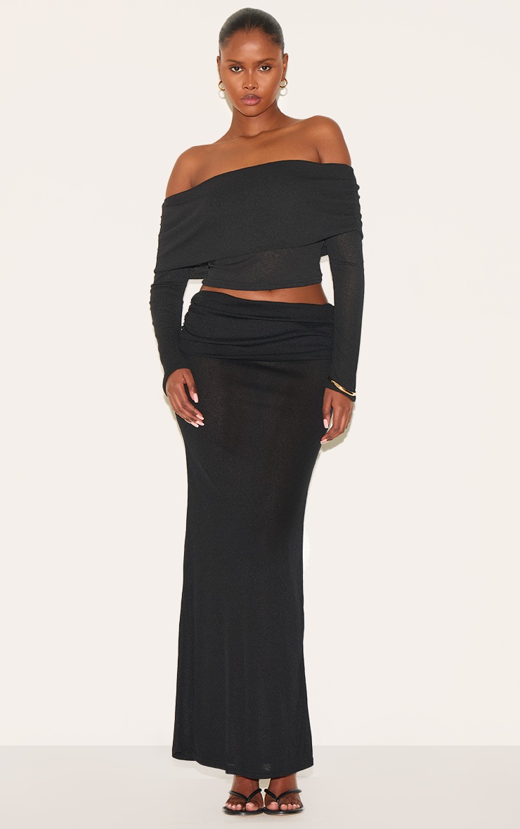 Black Burnout Fold Over Hem Long Sleeve Bardot Top | Co-ords ...