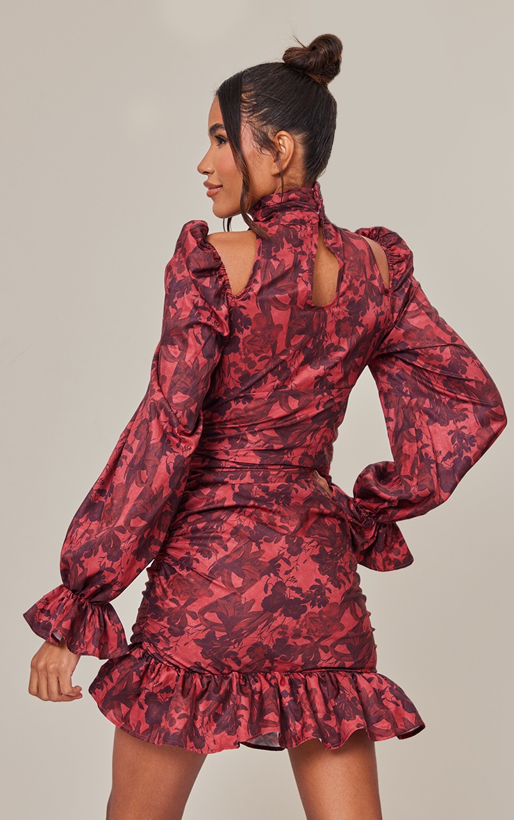 Burgundy Floral High Neck Ruched Bodycon Dress | Dresses | PLT USA