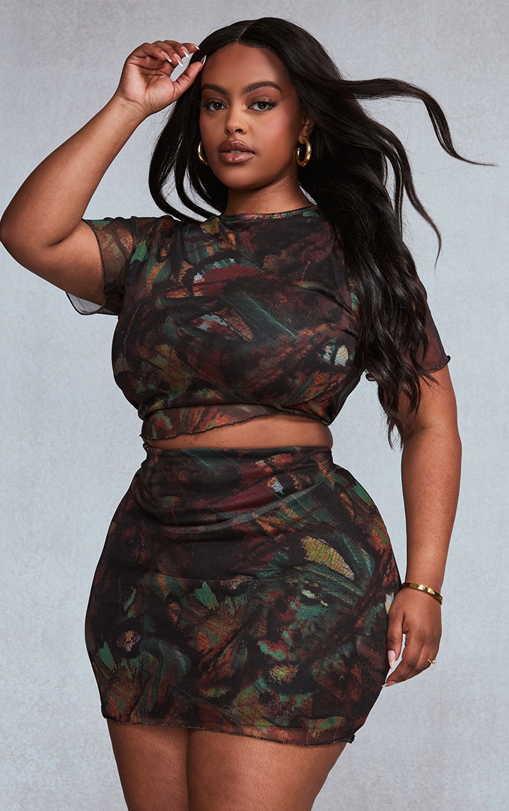 Plus Multi Printed Lettuce Hem Mesh Top | Plus Size | PLT USA