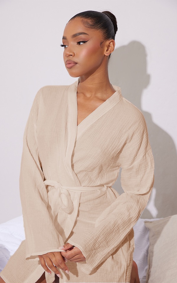 Mocha Textured Tie Waist Robe | PrettyLittleThing USA