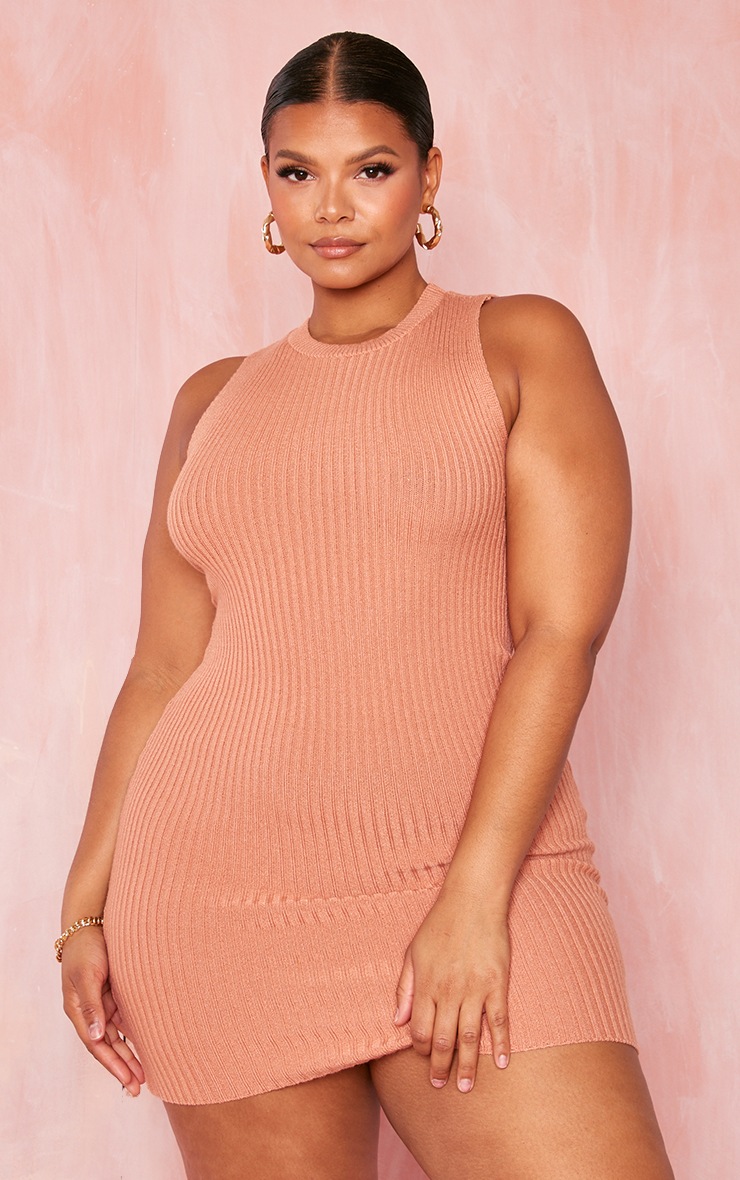 Plus Rust Knitted Sleeveless Bodycon Dress | Plus Size | PLT