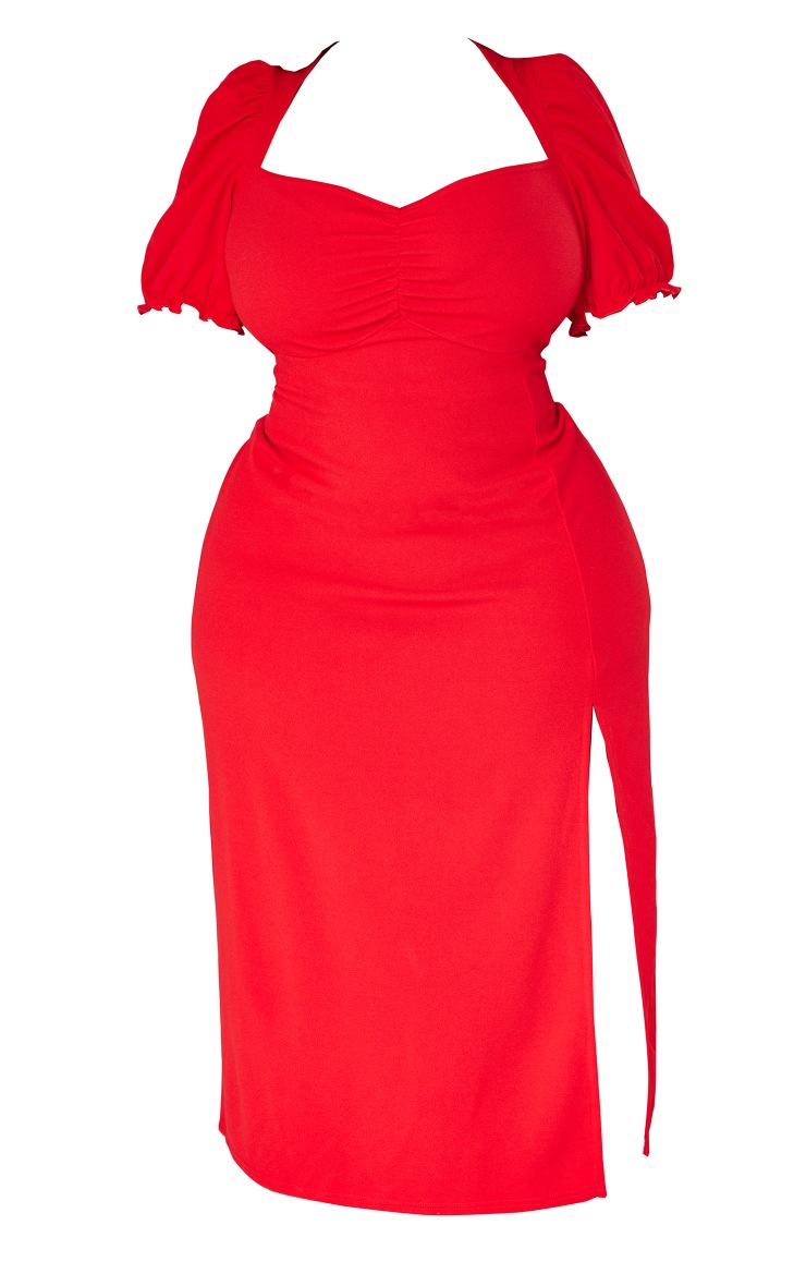 Plus Red Puff Short Sleeve Midi Dress | Plus Size | PrettyLittleThing USA